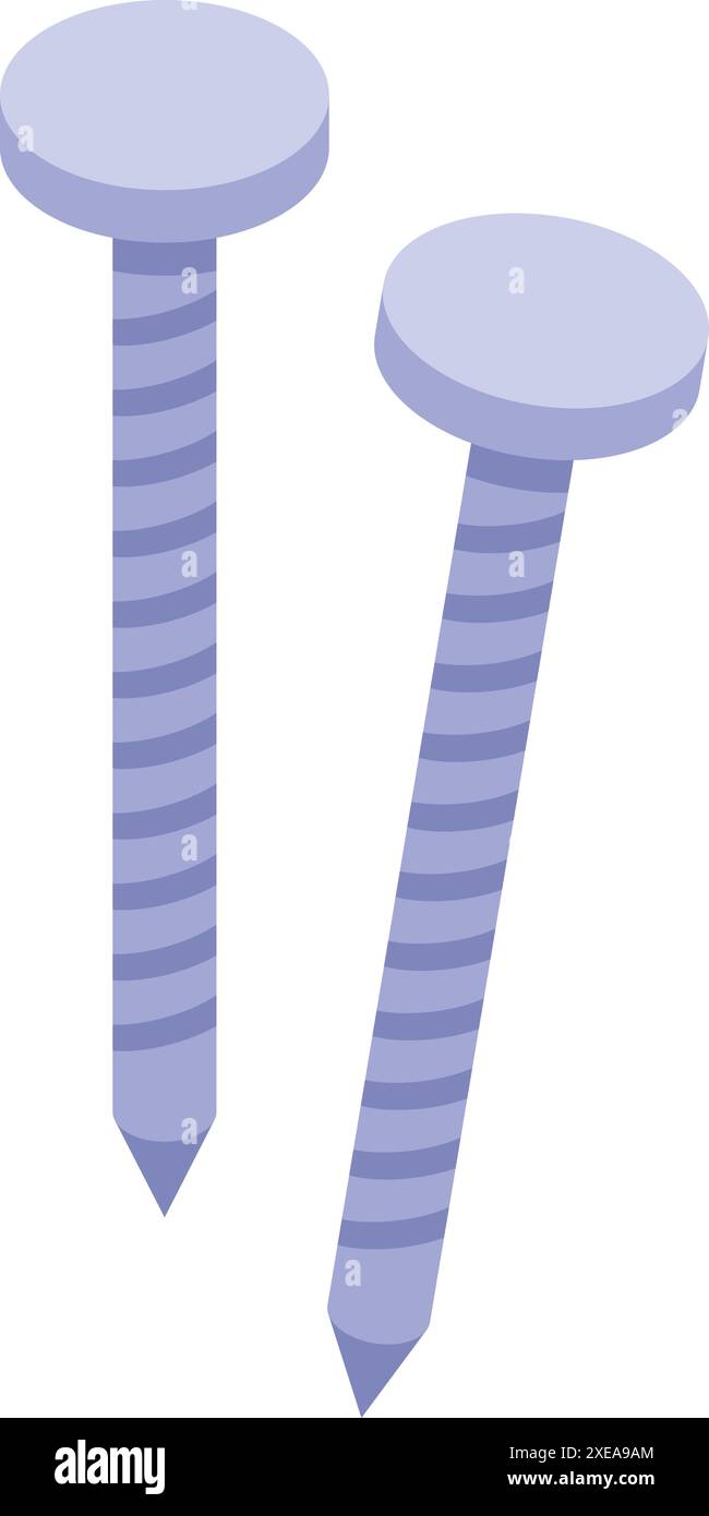 Two metal nails with screw thread are standing upright isolated on ...
