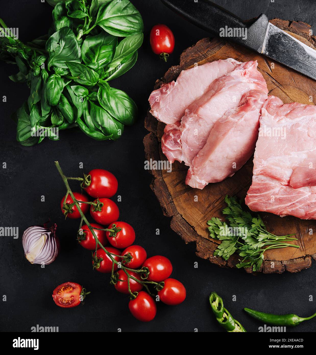 Raw pork neck meat cuts with spices Stock Photo - Alamy
