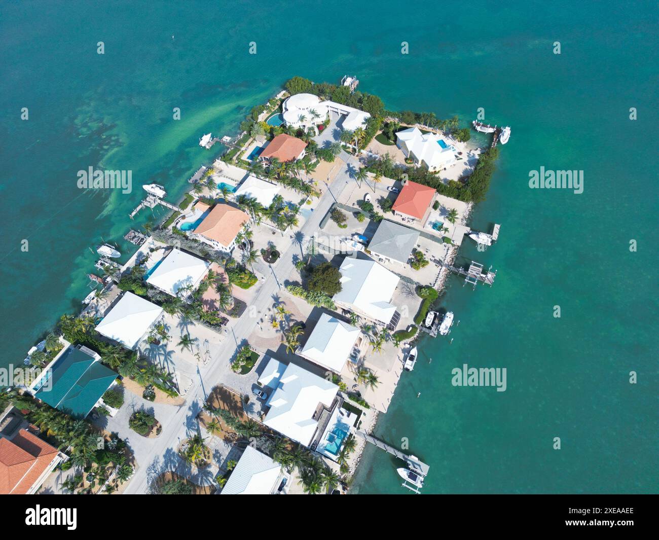 Aerial view over the Florida Keys with beautiful community in view ...