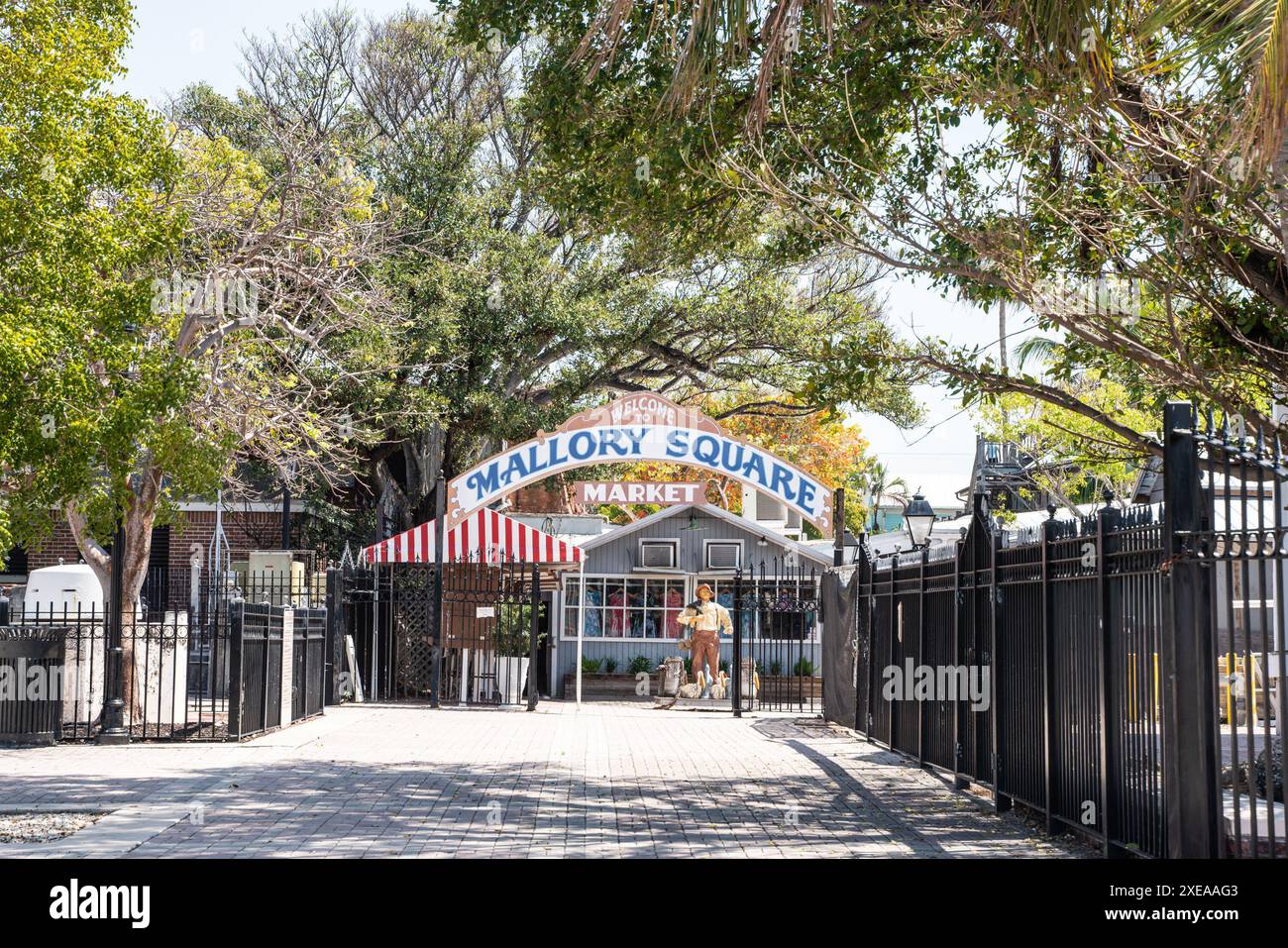 View of historic Mallory Square in Key West Florida with entrance sign ...