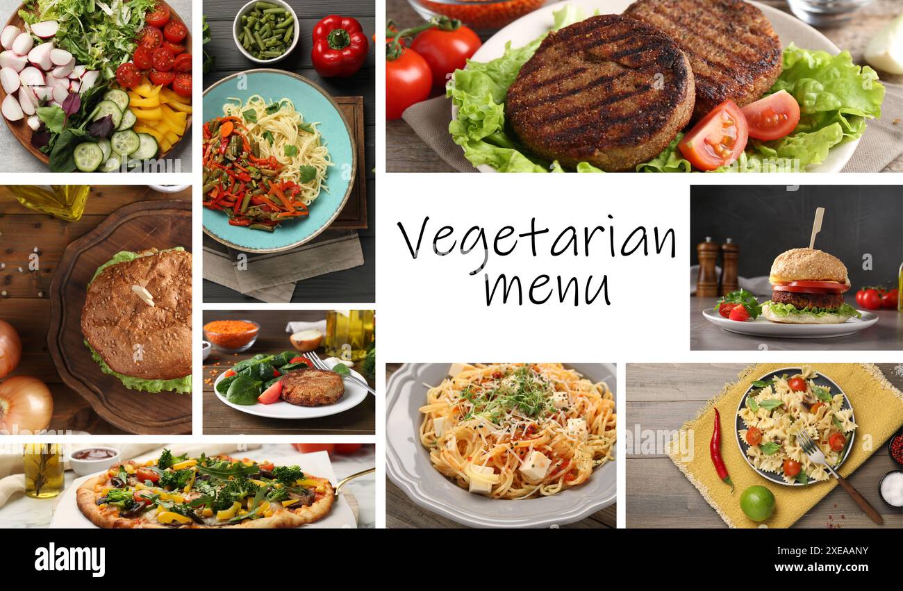 Vegetarian menu, banner design. Collage with different tasty dishes ...