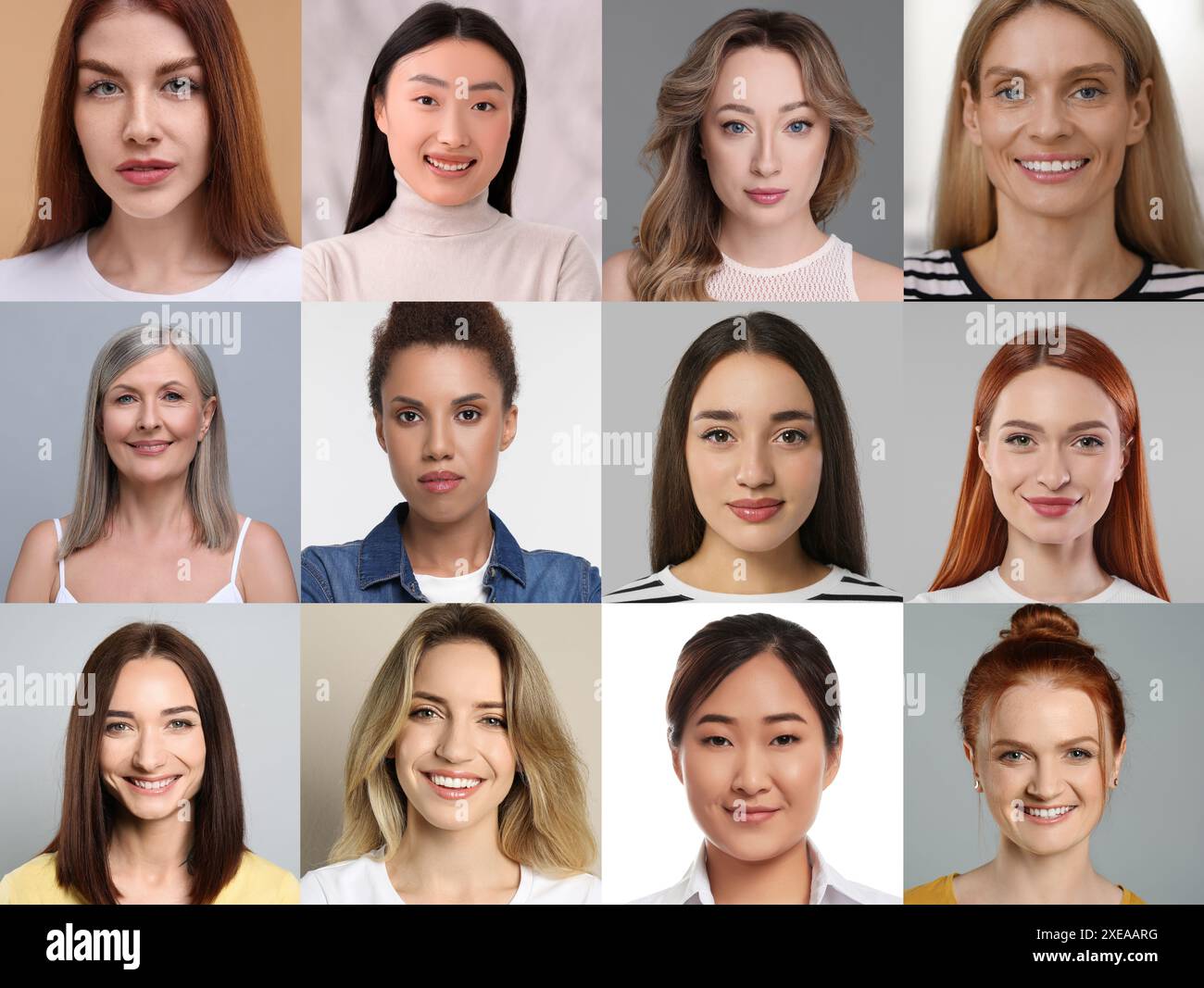 Many beautiful women of different races and ages. Collage of portraits ...