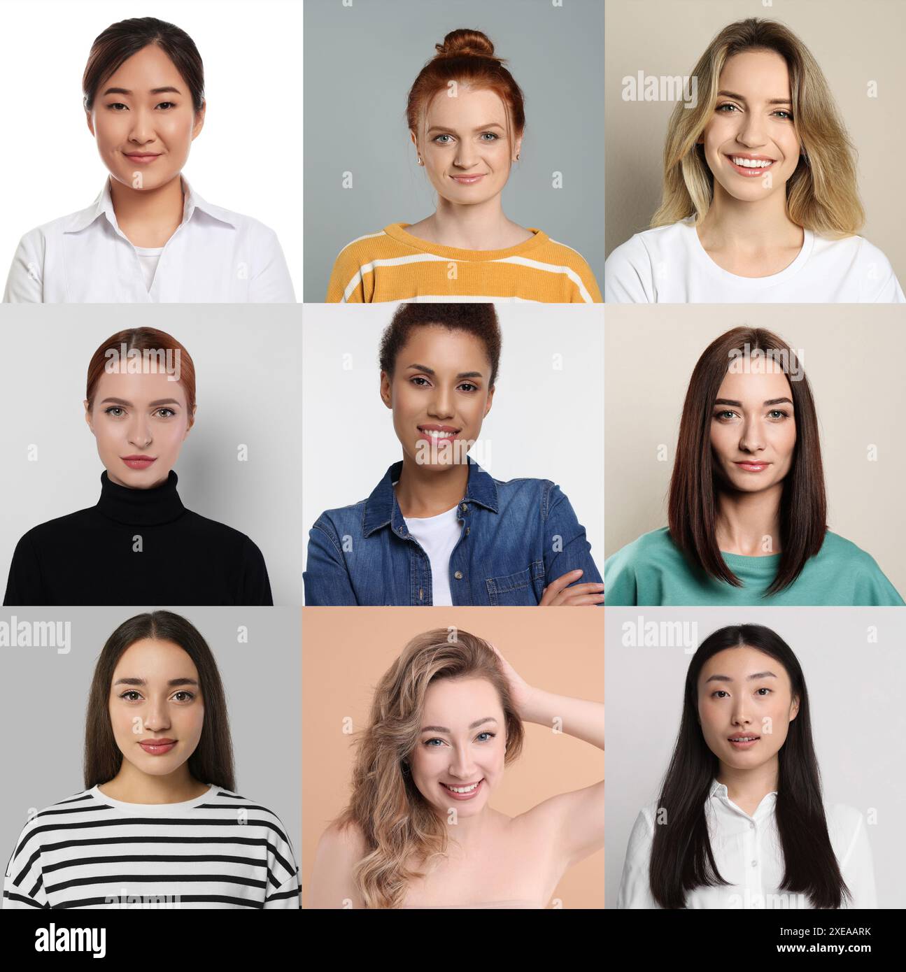Many beautiful women of different races and ages. Collage of portraits ...