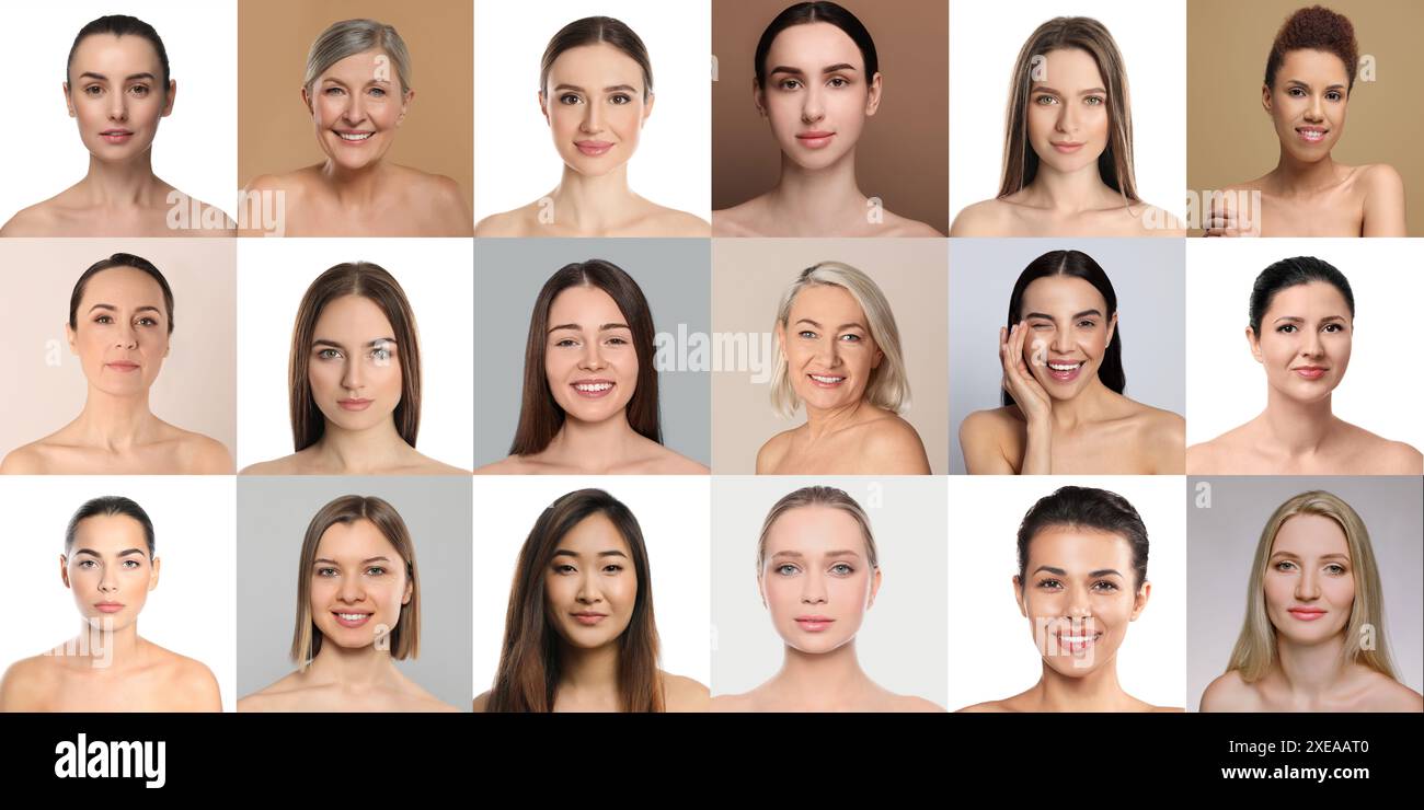 Many beautiful women of different races and ages. Collage of portraits ...