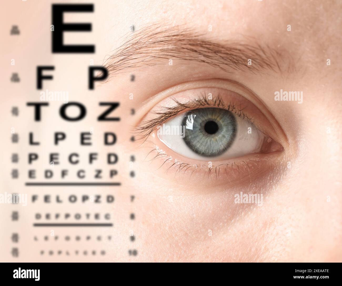 Snellen chart and closeup of woman's eye, selective focus. Vision ...