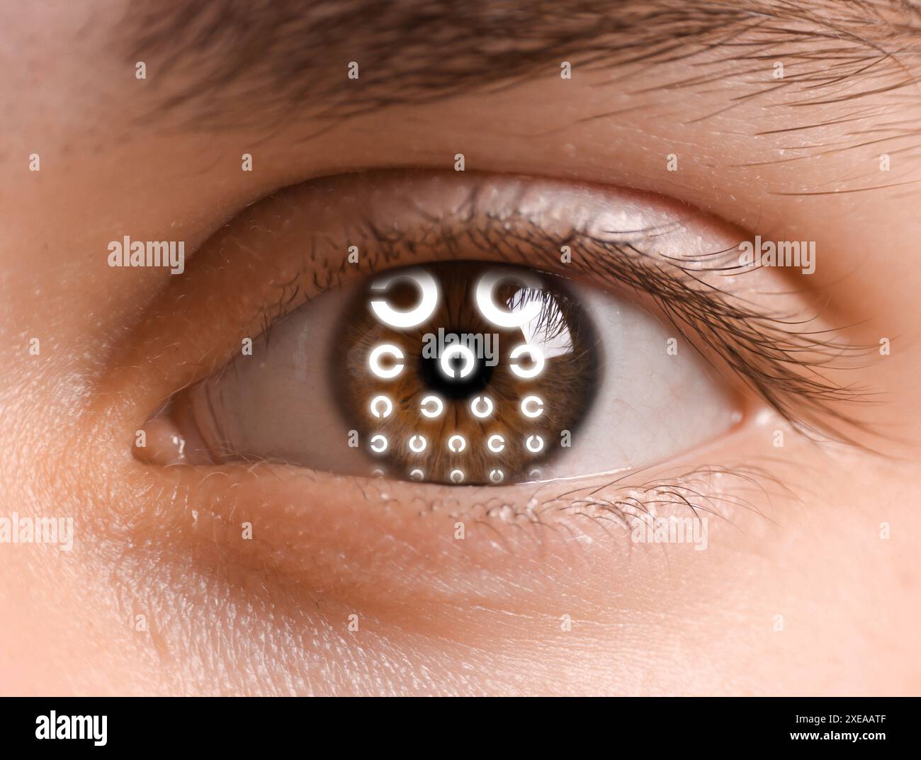 Landolt ring chart in man's eye, closeup. Vision acuity test Stock ...