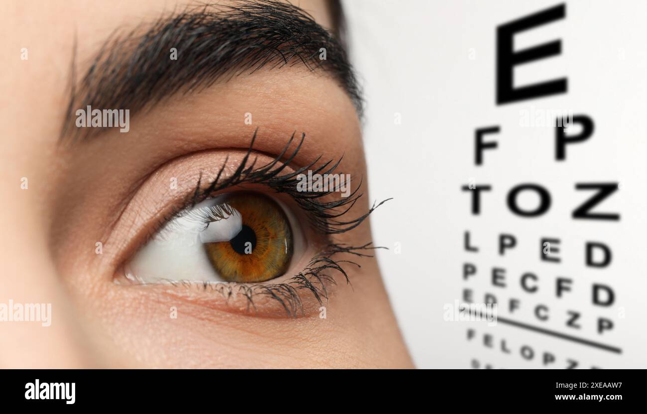 Snellen chart and closeup of woman's eye on white background, selective focus. Vision acuity ...