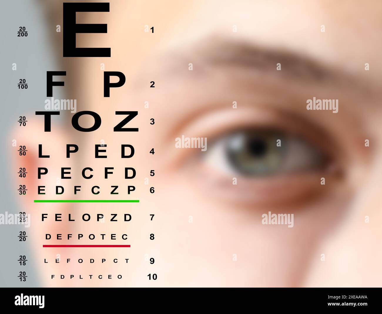Snellen chart and closeup of man's eye, selective focus. Vision acuity ...