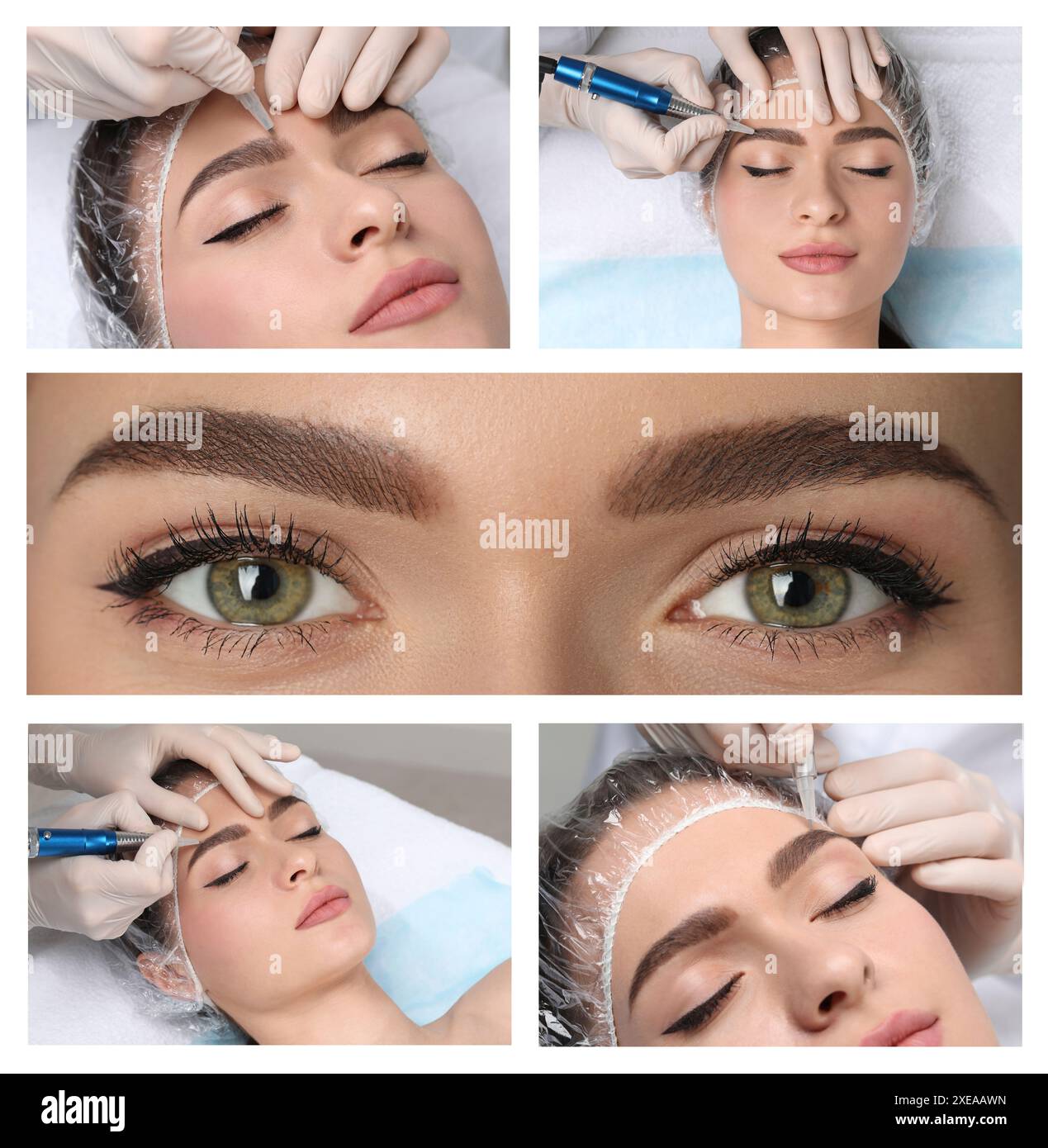 Young woman getting permanent makeup on eyebrows in beauty salon ...