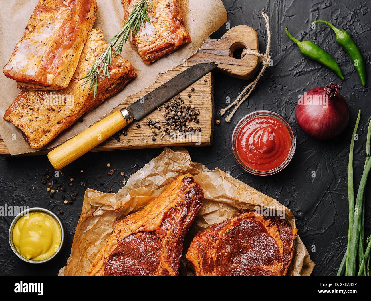 Marinated t bone beef steak top view Stock Photo - Alamy