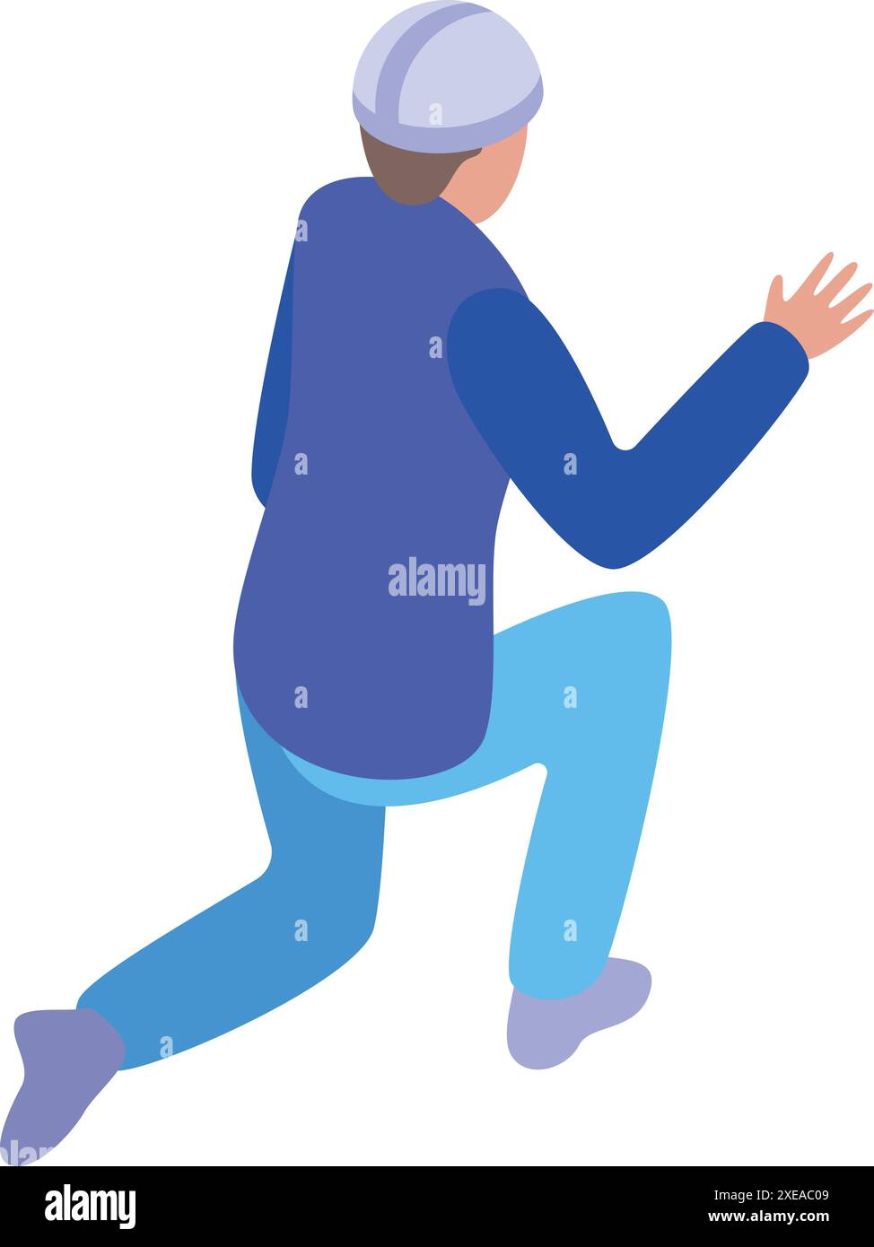 Construction worker kneeling and pointing with hand isometric ...