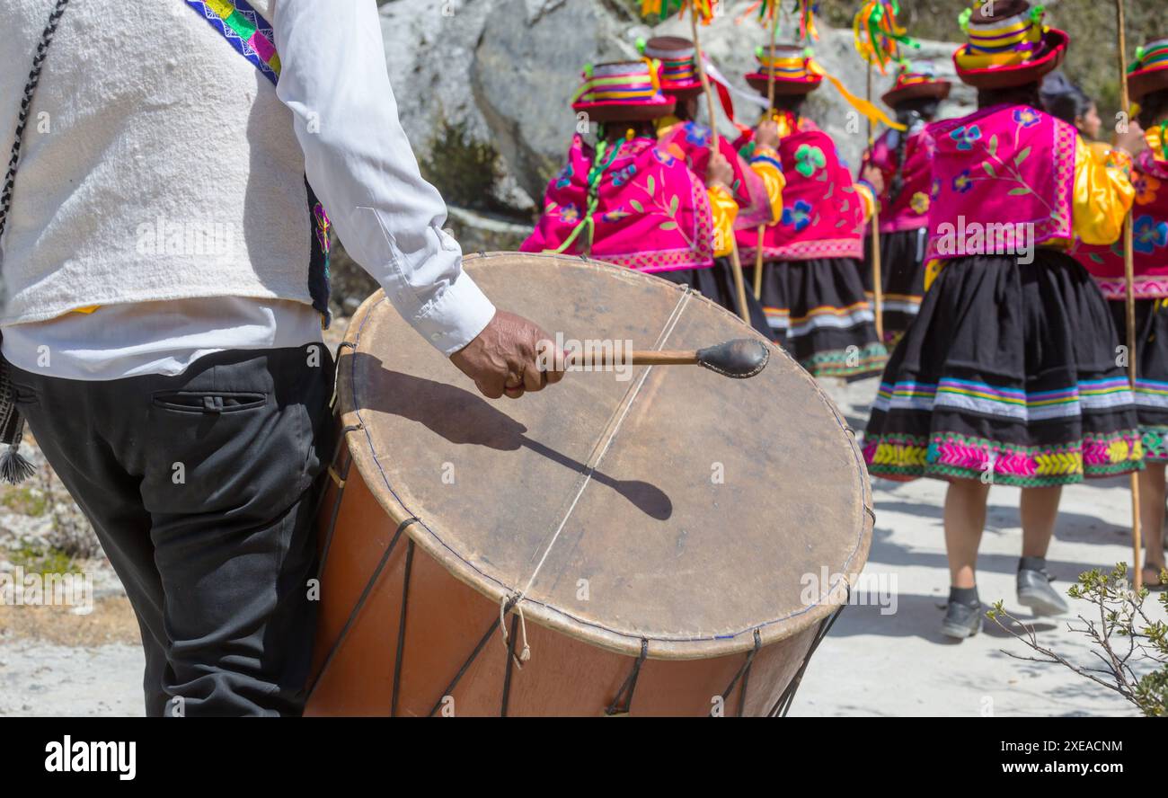 Dance group with traditional costumes and musical instruments in Peru ...