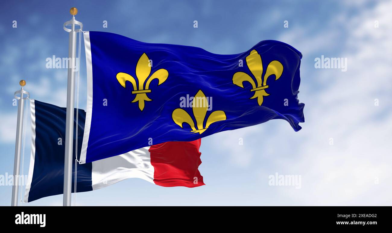 Flag of Ile de France waving with national french flag Stock Photo - Alamy