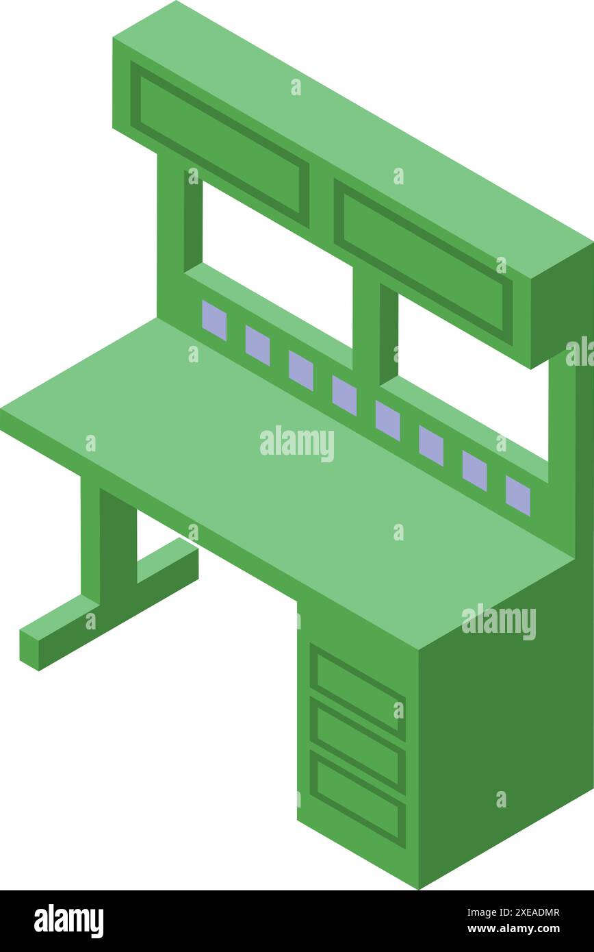 Green metal desk with overhead compartments is standing in isometric ...