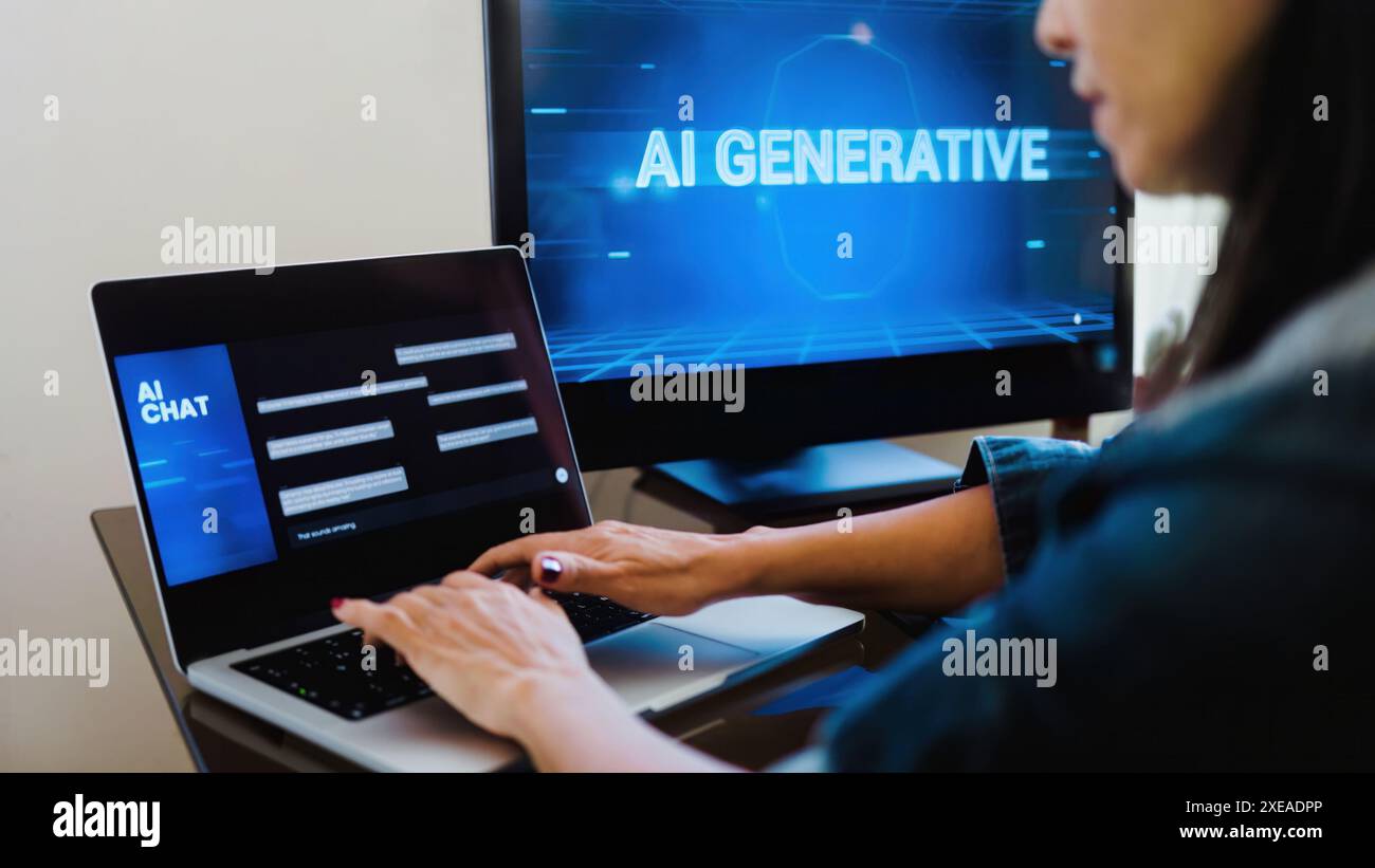 AI generative app. Woman chatting with Artificial Intelligence software ...