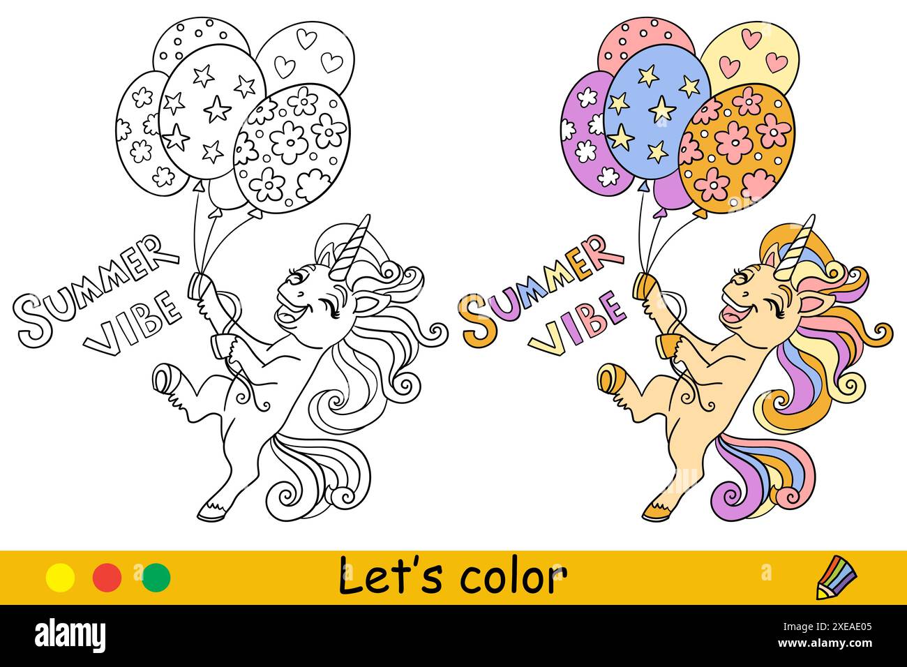 Cartoon happy unicorn with balloons and lettering. Kids coloring book ...