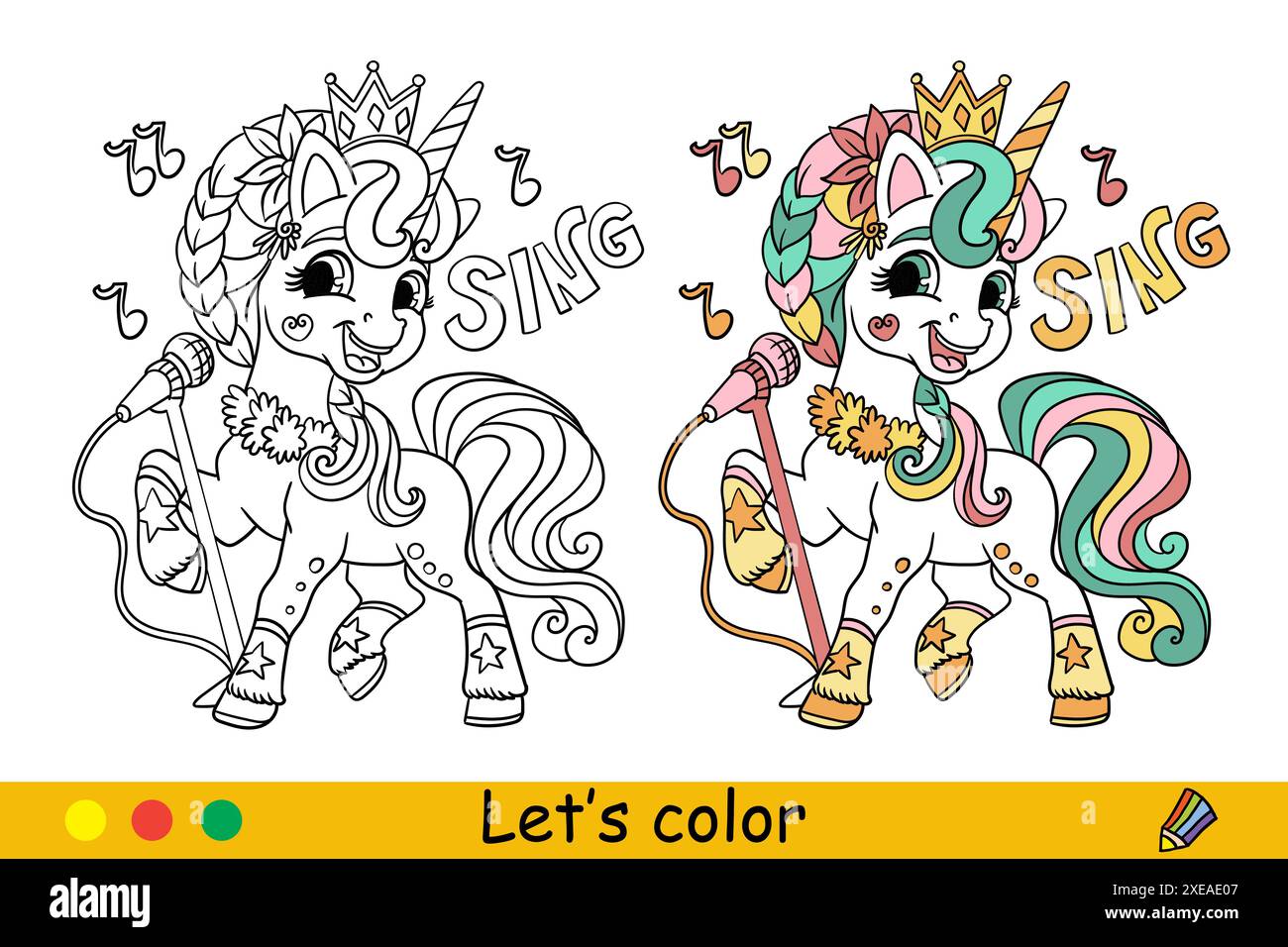 Cartoon unicorn singer with lettering. Kids coloring book page. Unicorn ...