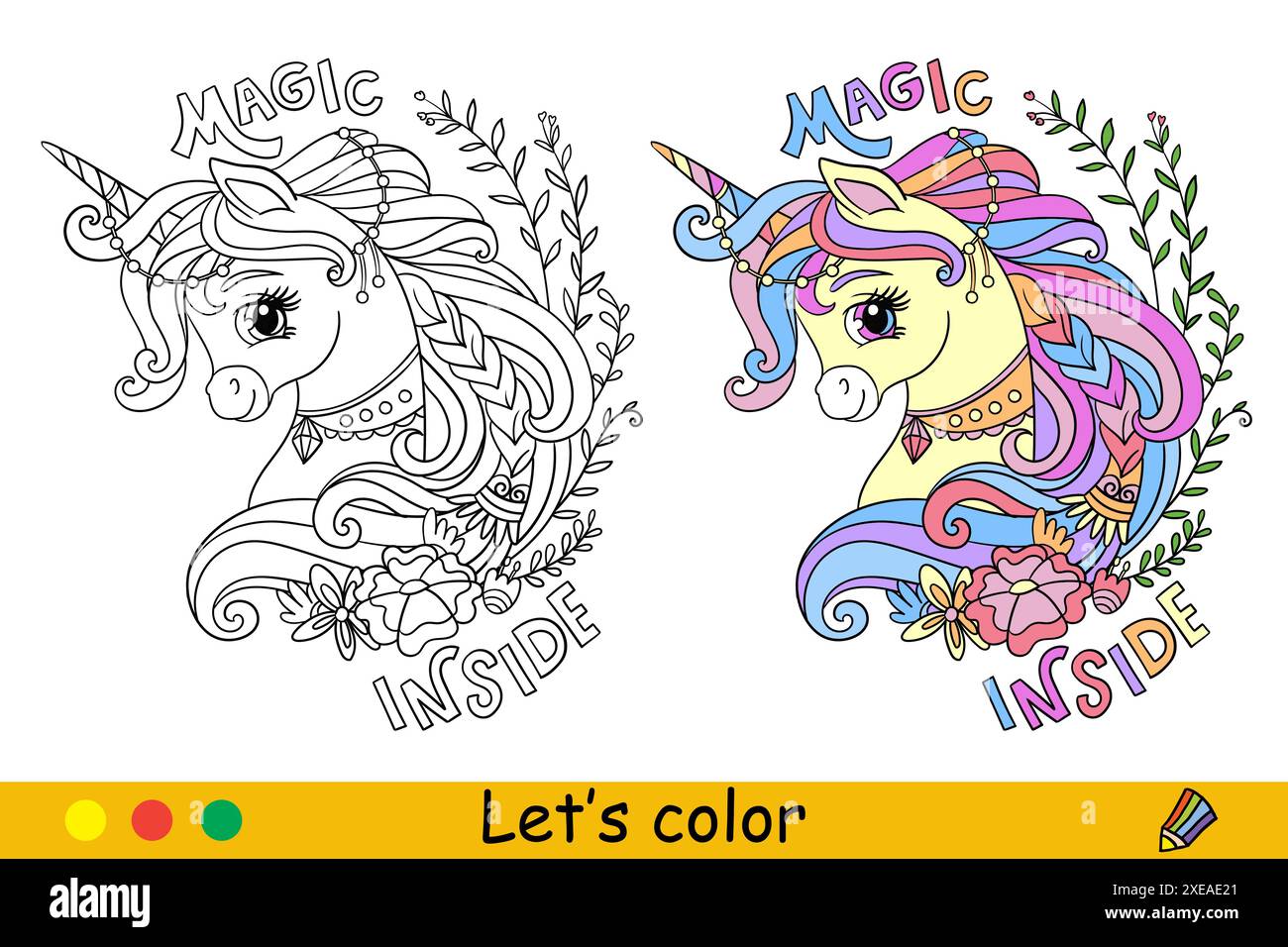 Cartoon dreaming unicorn with flowers and lettering. Kids coloring book ...