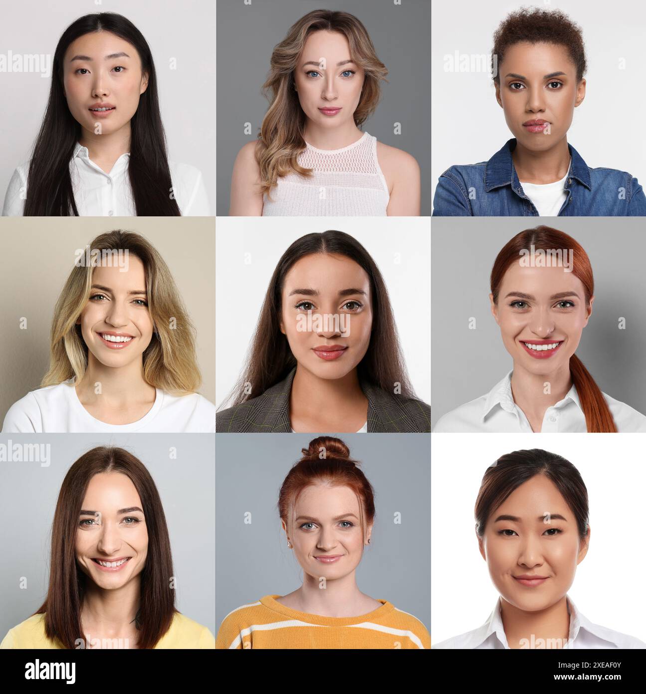 Many beautiful women of different races and ages. Collage of portraits ...