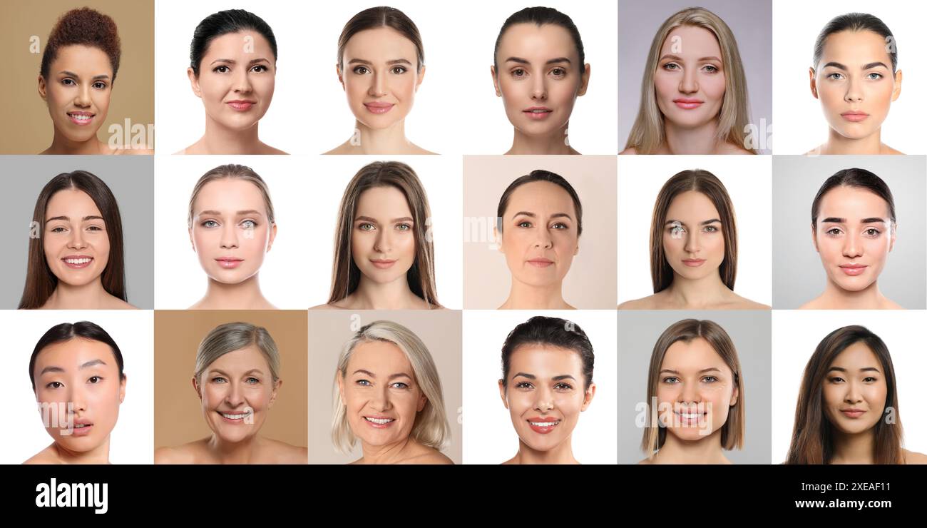 Many beautiful women of different races and ages. Collage of portraits ...