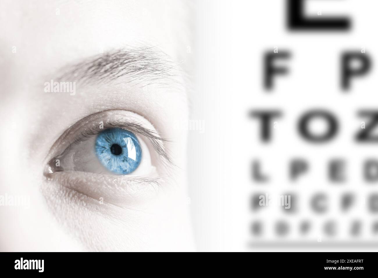 Snellen chart and closeup of man's eye on white background. Color toned ...