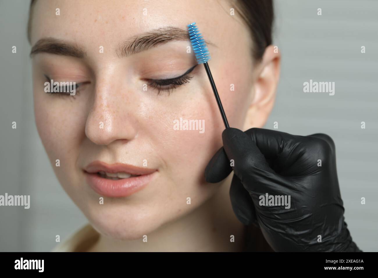 Beautician brushing young woman's eyebrow in beauty salon, closeup ...