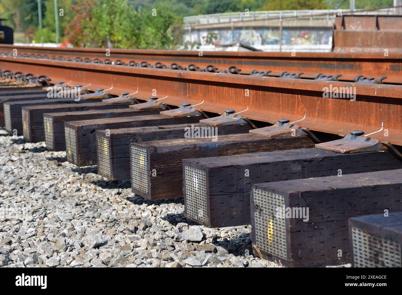 New railroad section ready for installation. Brand new wooden ties ...
