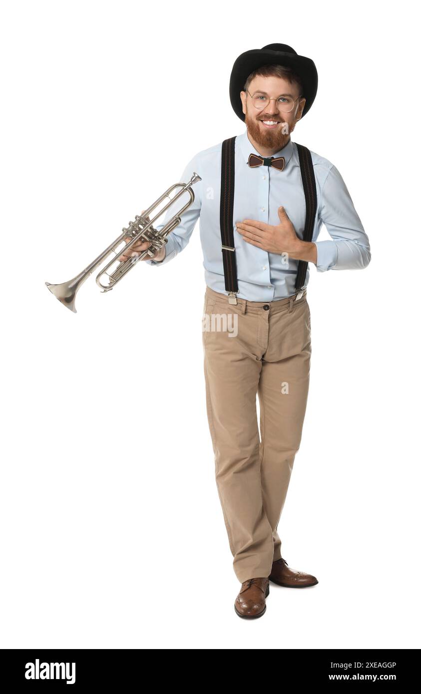 Smiling musician with trumpet on white background Stock Photo - Alamy