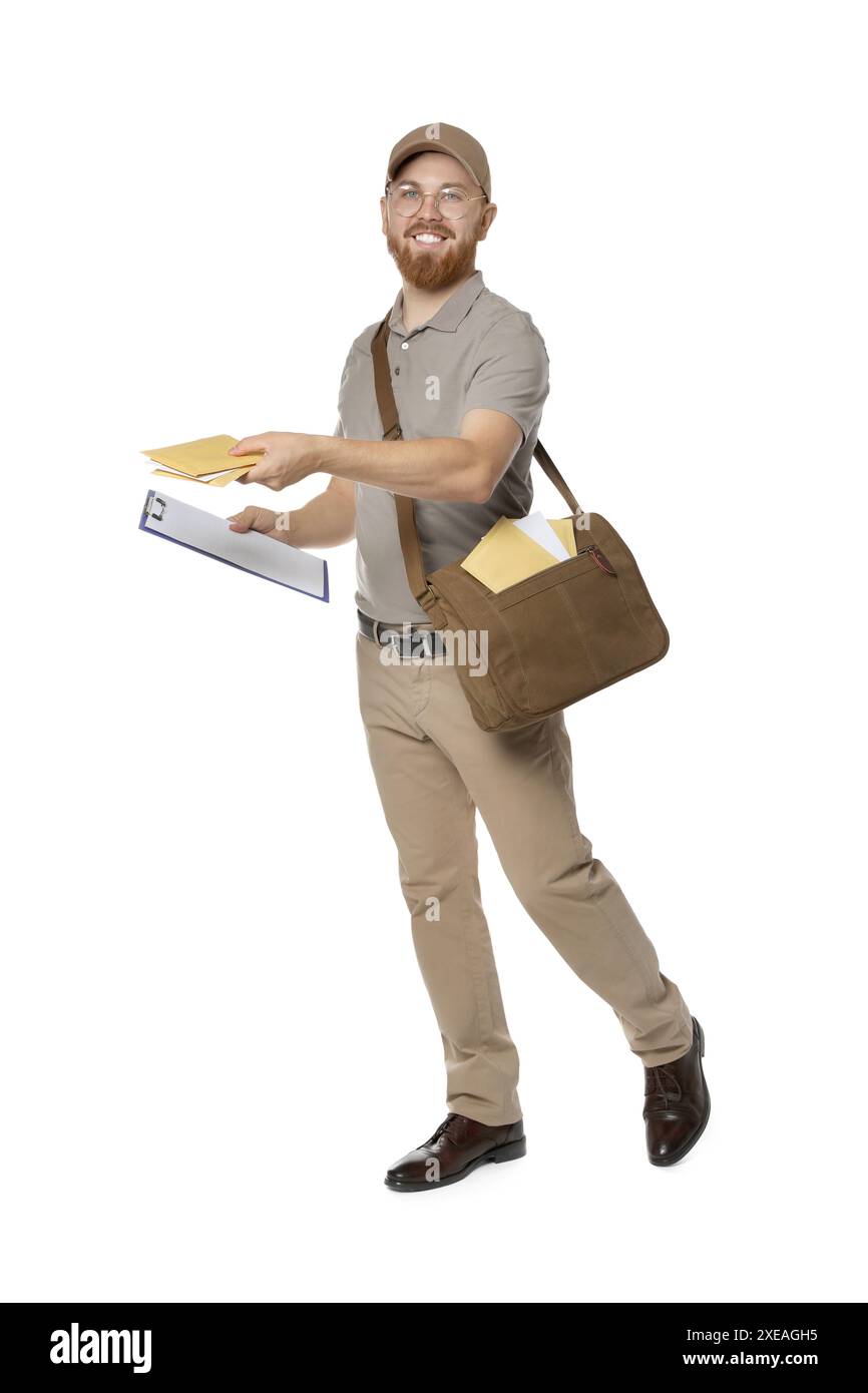 Happy young postman with brown bag delivering letters on white ...
