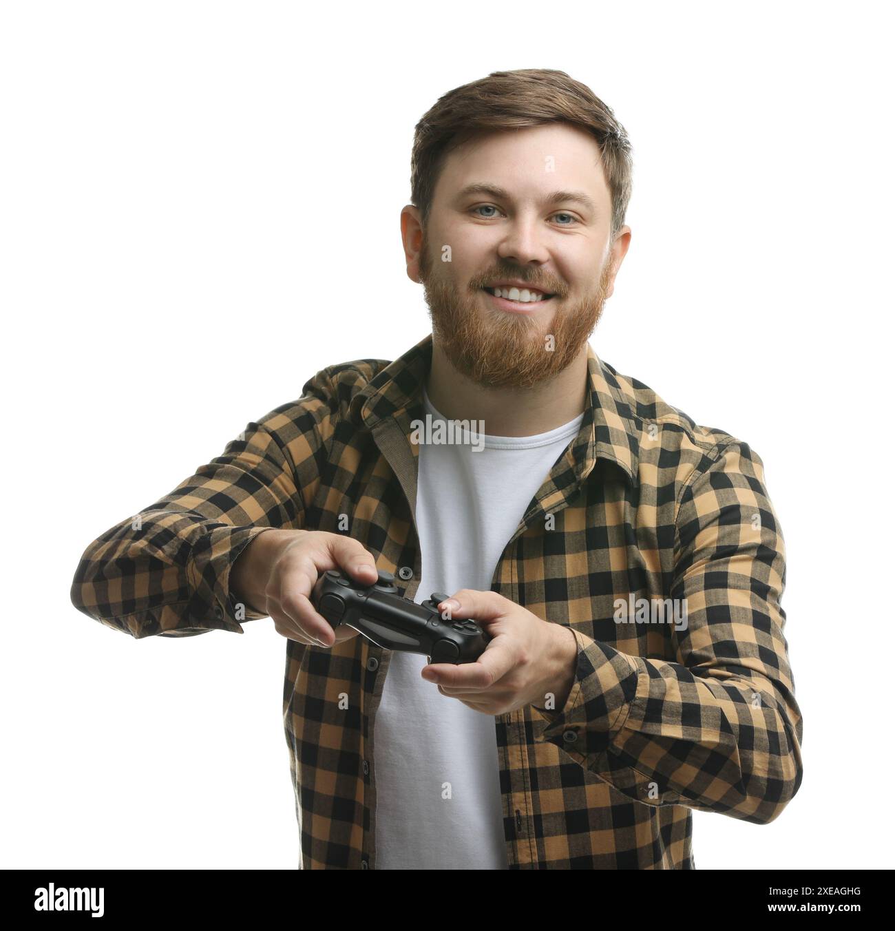 Happy man playing video game with controller on white background Stock ...