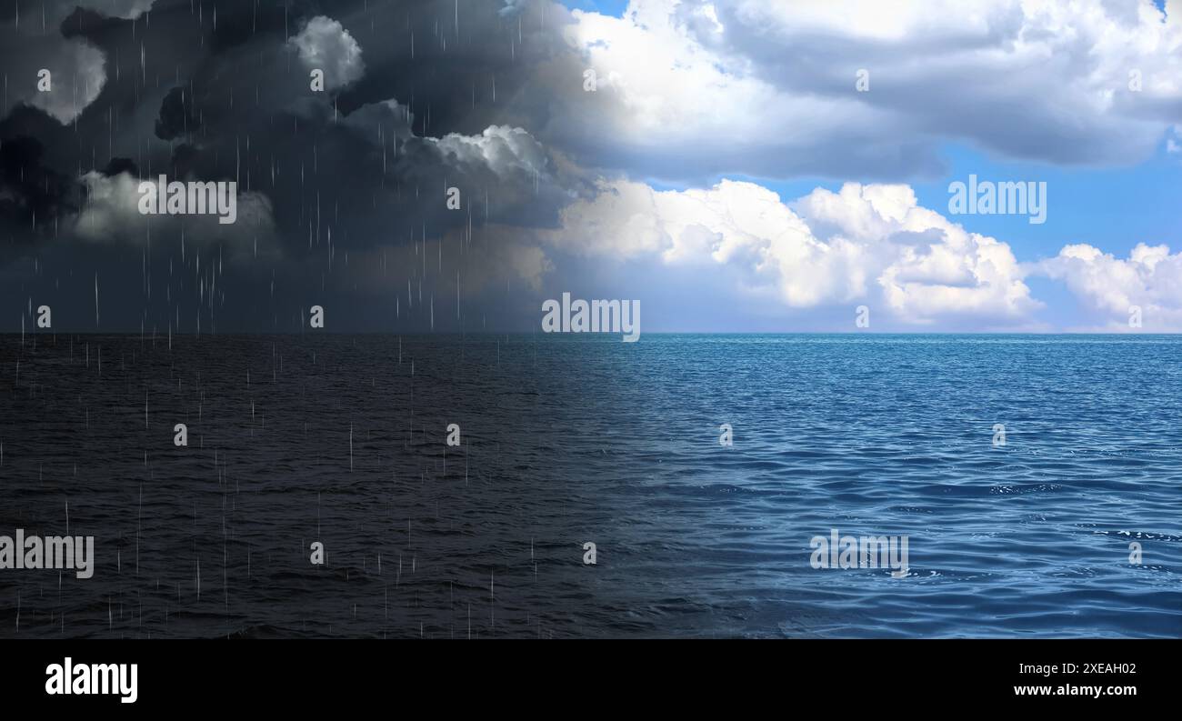 Blue sky with coming thundercloud over sea. Weather changes Stock Photo ...
