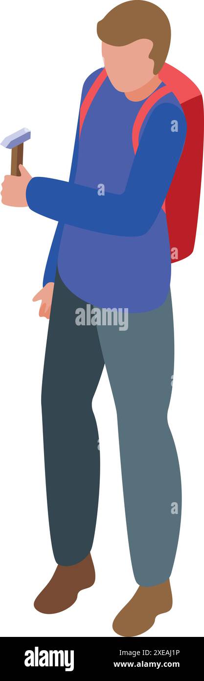 Geologist holding geological hammer and wearing a backpack, isometric ... Geologist holding geological hammer and wearing a backpack, isometric ...