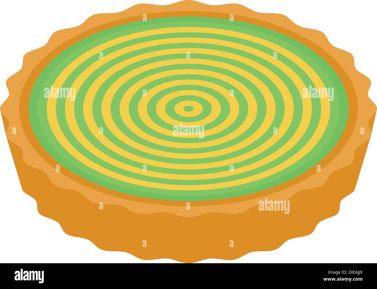 This isometric style illustration showing a round cake with green and ...