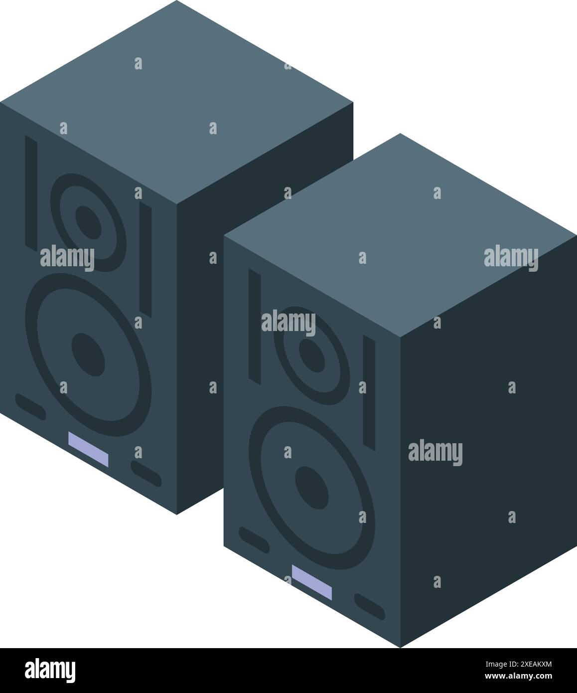 Two audio speakers standing on a white background generating sound ...