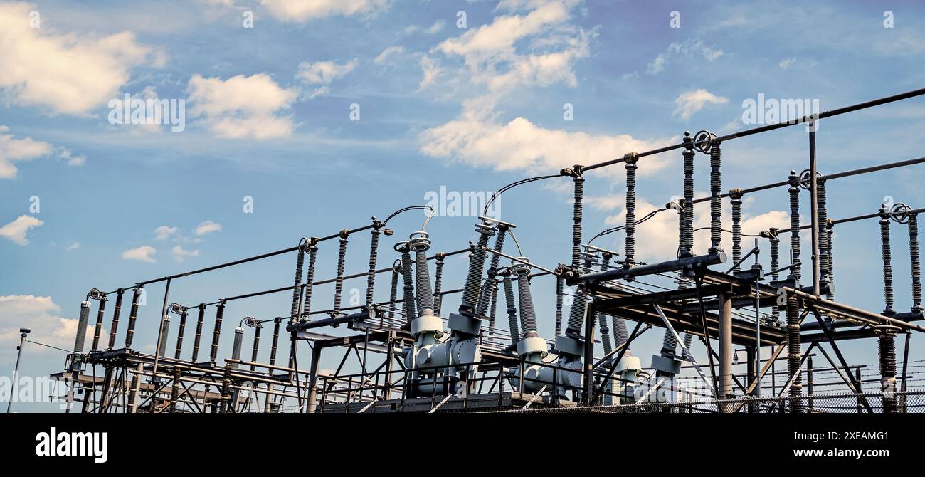 voltage substation with power line wire cable. power transformer on ...