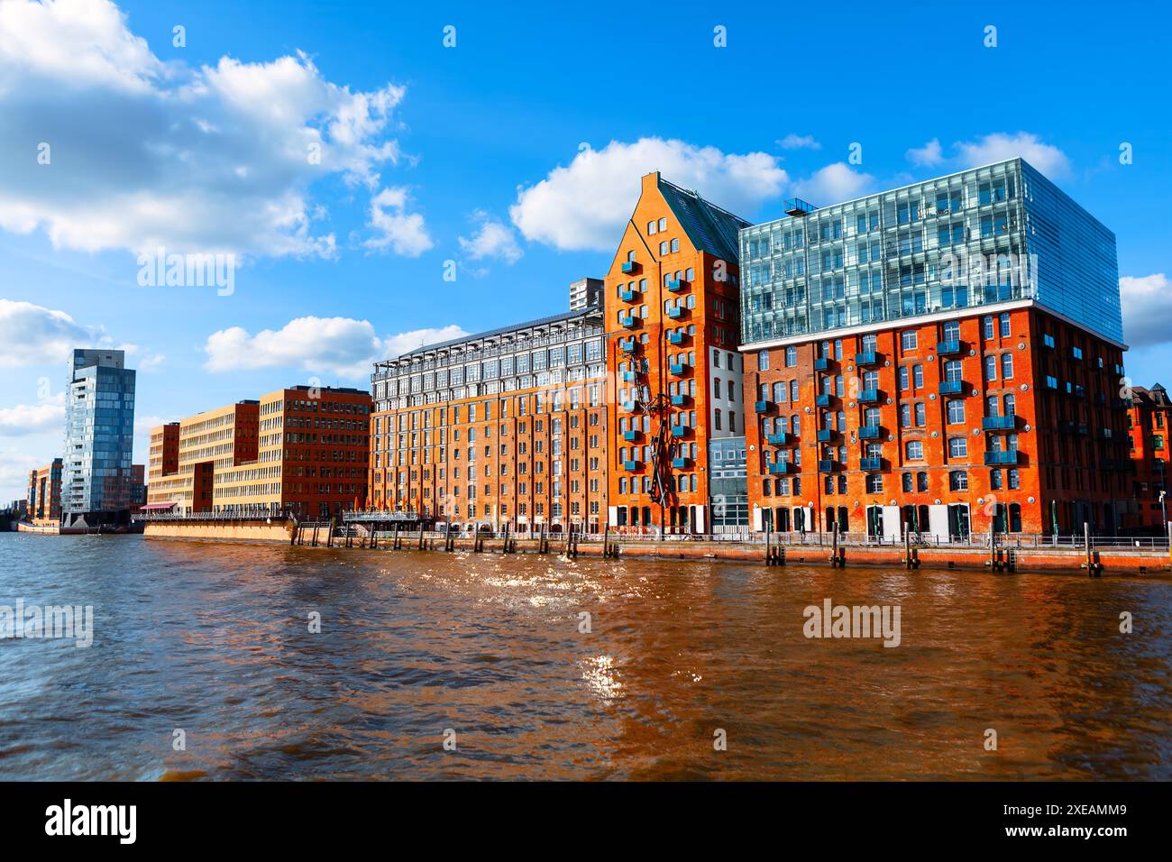 HafenCity quarter in Hamburg Germany. City skyline with a large red ...