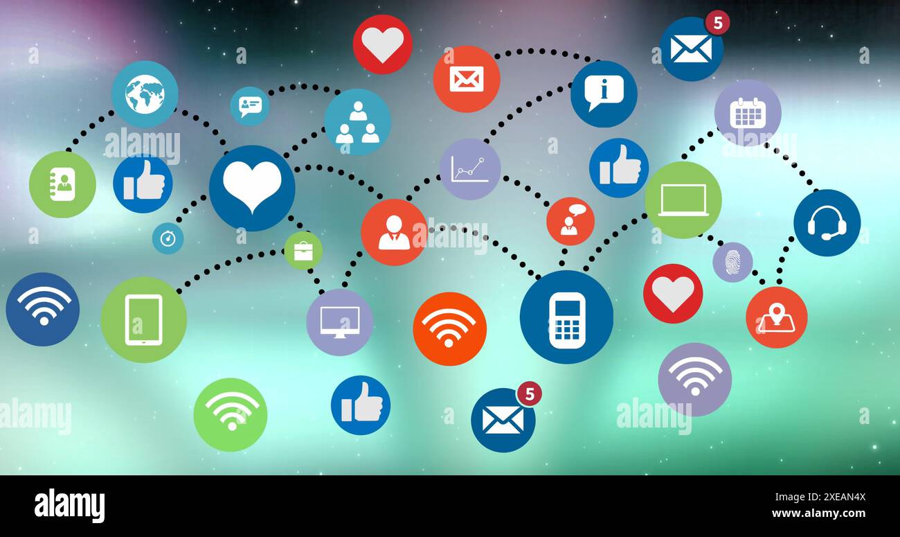 Image of connecting mobile application icons over abstract background ...