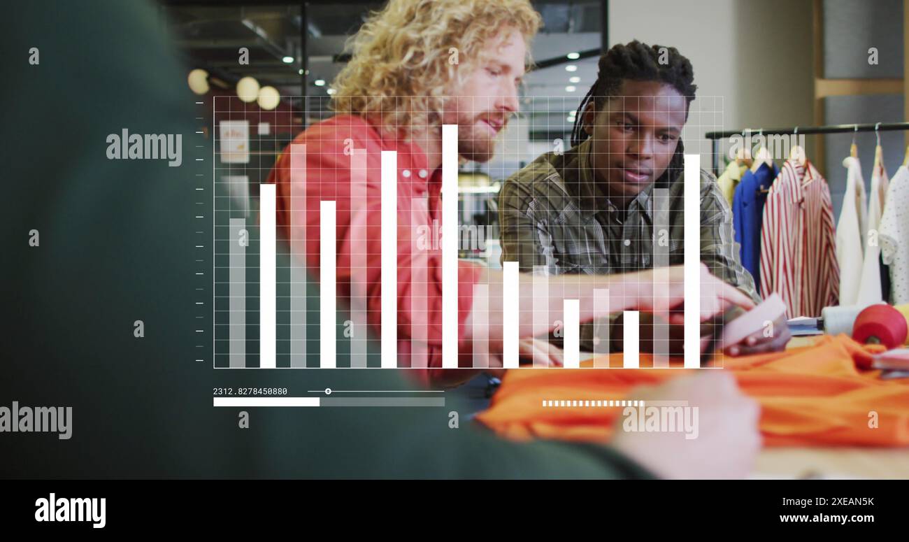 Image of bar graph and loading bars, diverse coworkers sharing ideas in ...