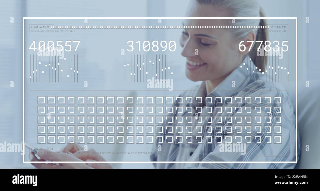 Image of graphs, changing numbers, loading squares, caucasian woman using laptop and cellphone ...