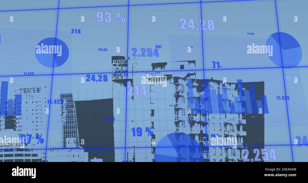 Image of multiple graphs and changing numbers over modern buildings in ...