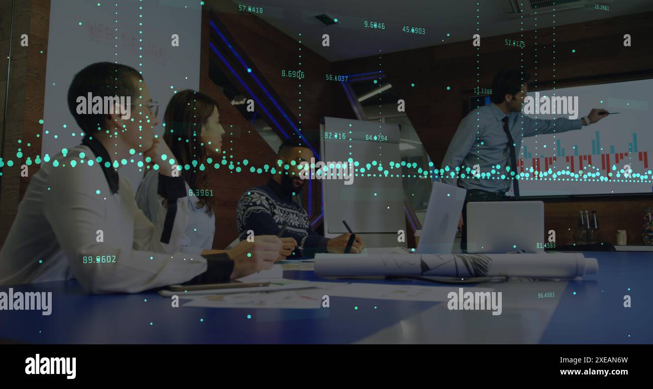 Image of graphs with changing numbers, diverse manager explaining ...