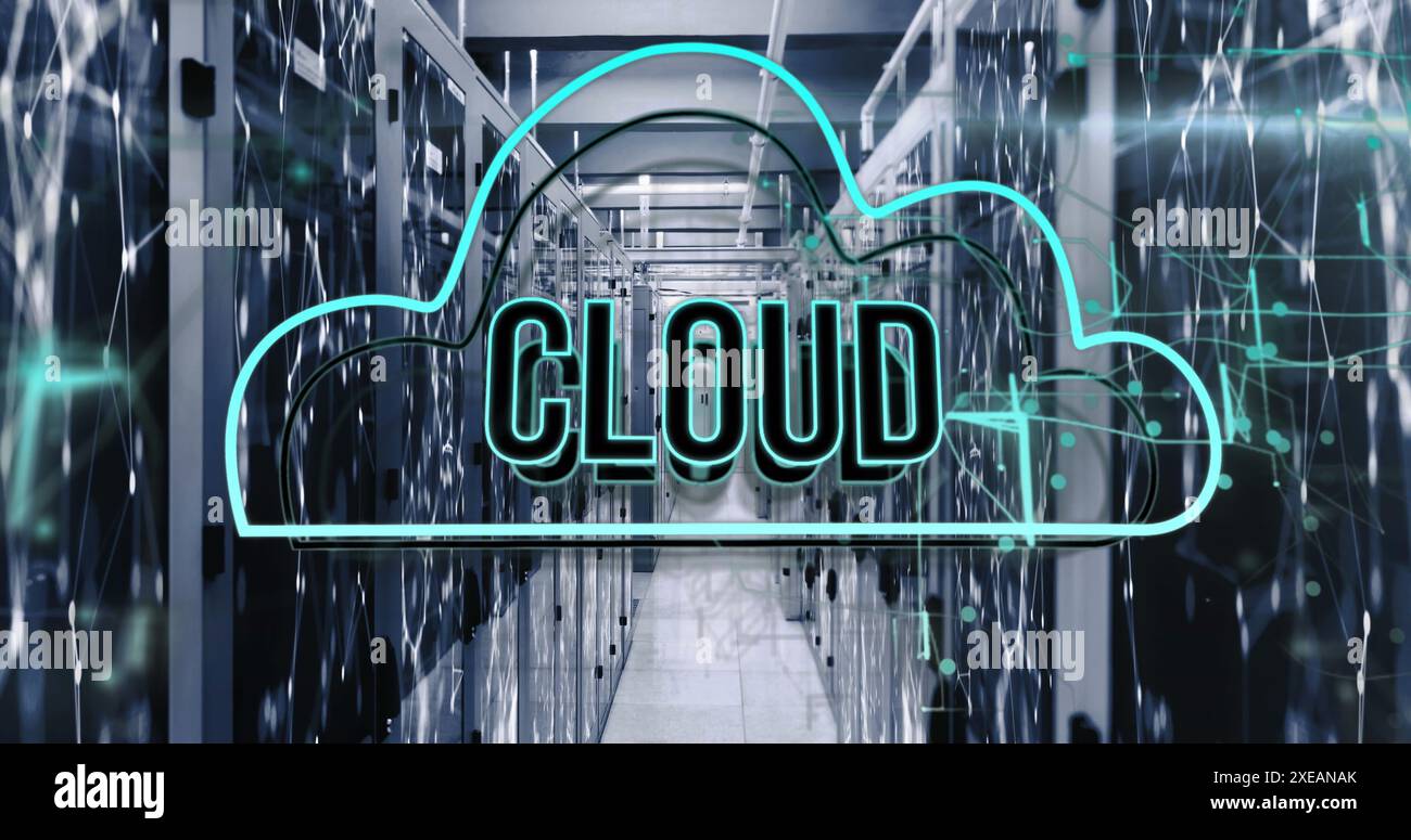 Cloud computing concept with server racks, digital network connections ...