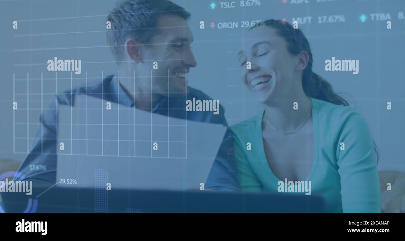 Image of stock market data processing over caucasian couple calculating ...