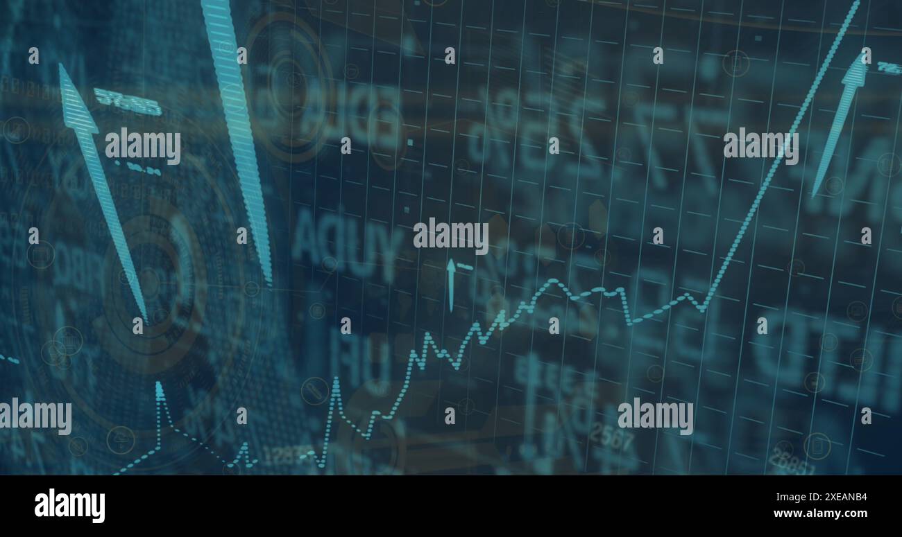 Image of graphs, circles, changing numbers, up arrows and trading board ...