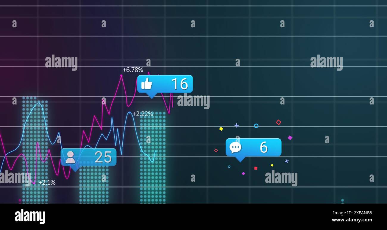 Image of social media icons floating over statistical data processing against green background ...