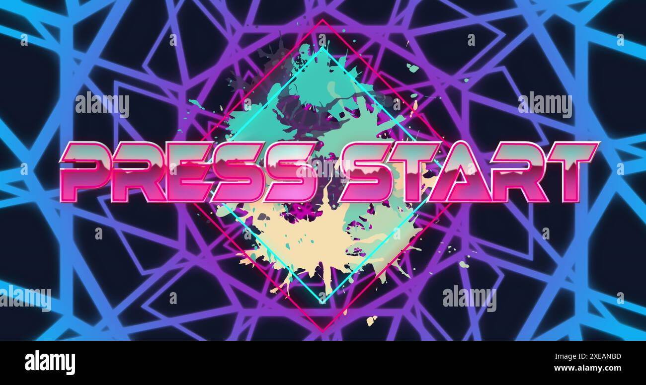 Image of press start text on rhombuses and color splash and abstract ...