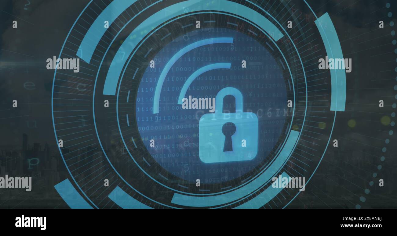 Image of security padlock icon on round scanner, cyber security data processing over server room ...