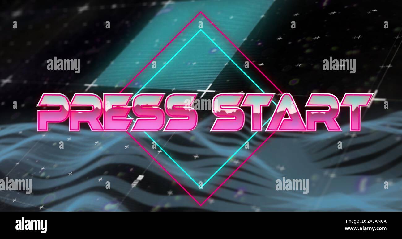 Image of press start text on rhombuses and wave pattern over black ...