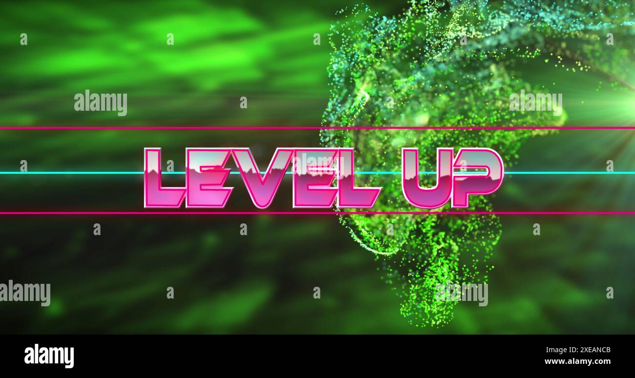 Image of level up text over dynamic waves over abstract background ...