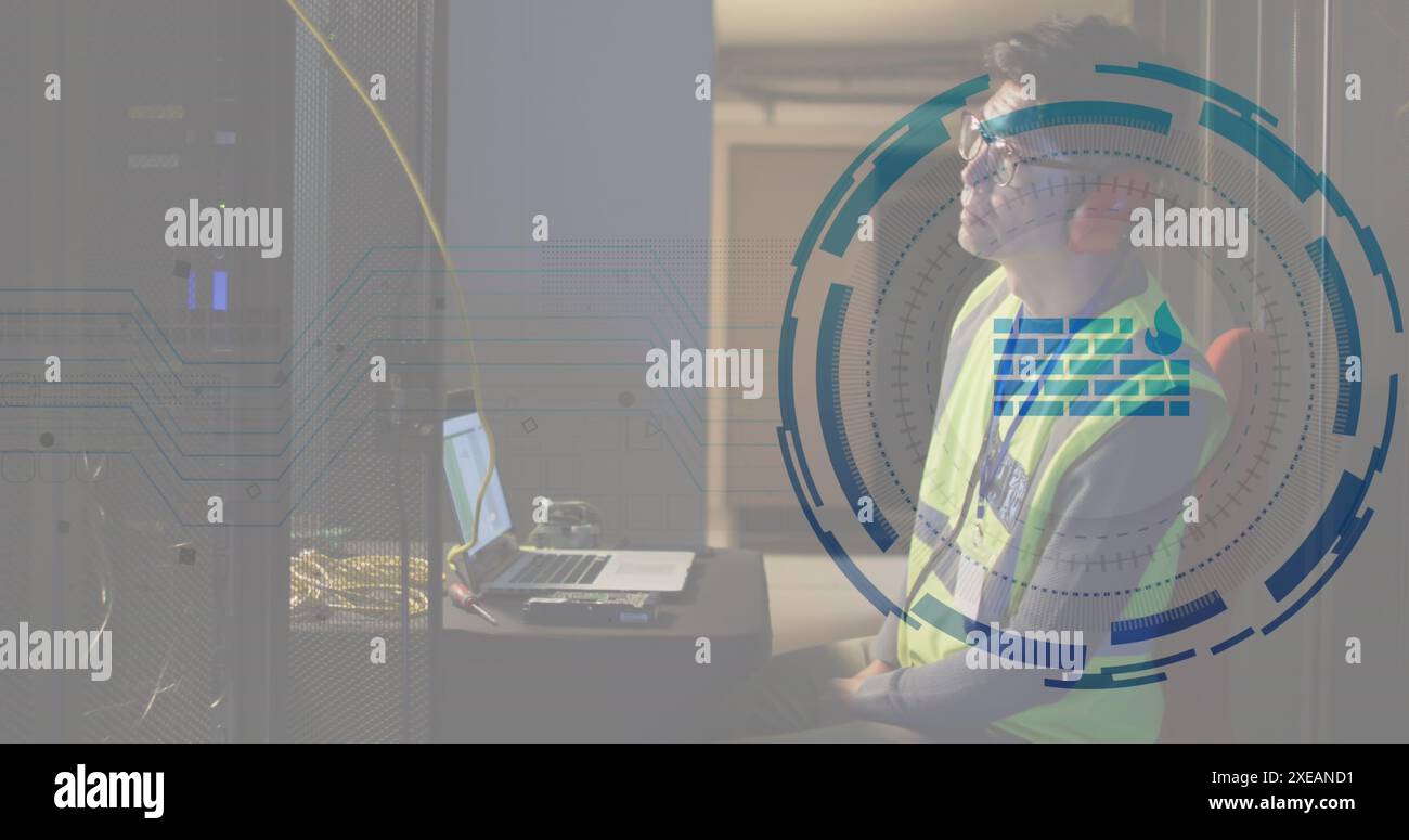 Image of firewall, loading circles, asian male engineer checking data ...
